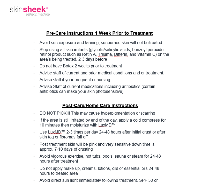 Pre/Post Care Information Sheet – Skin Sheek